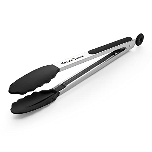 Kitchen Tongs for Cooking with Silicone Tips,Maywe Tanso 12-Inch Stainless Steel Locking Cooking Tongs Food Tongs for Grilling,Cooking,Salad and Serving Food | Heavy Duty,Non-Stick,Black