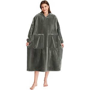 kipswiza oversize wearable blanket flannel super soft warm long hoodie blankets big hooded sweatshirt hoodie blanket for adults men women girls teenagers teens greenish-gray