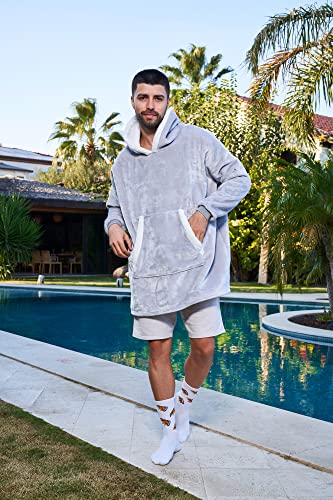 FEDERI The Original Oversized Sherpa Wearable Blanket Hoodie | Plush Fleece Blanket Sweatshirt with Pockets and Sleeves for Men and Women | One Size Fits All (32x44 inches) (Gray)