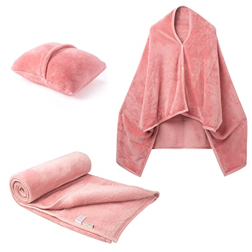 Mellowdy Shawl Blanket Pillow 2-in-1 for Office, Work from Home (Blossom Pink, 40x60) - Wearable Adult Swaddle Snuggle Coat Poncho, Airplane Travel Blanket Set, Fleece Shoulder Wrap for Men and Women