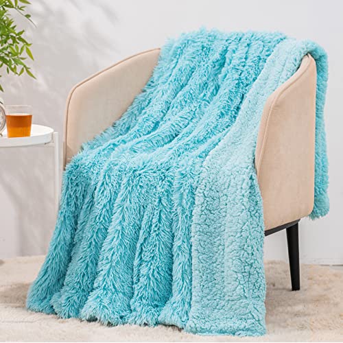 RECYCO Faux Fur Sherpa Throw Blanket Blue, Super Soft Fuzzy Fluffy Blankets Plush Warm Cozy Throw Reversible Comfy Thick Shaggy Sherpa Blanket for Couch Sofa Bed 50x60 Inches