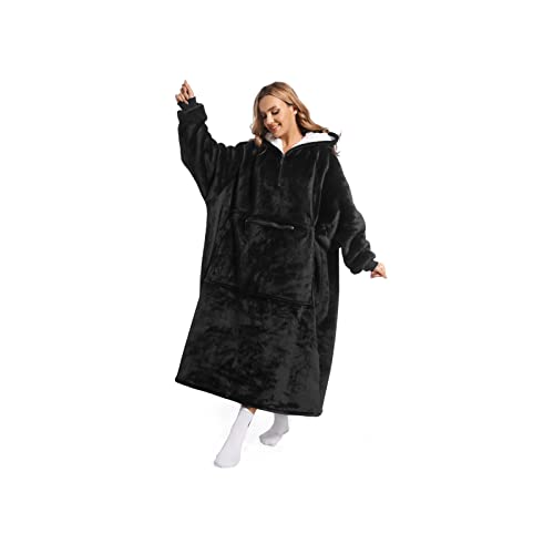 Oversized Wearable Blanket Hoodie for Women Men, Warm and Comfortable Sweatshirt Blanket, Super Cozy Flannel Blanket with Sleeves and Giant Pockets, One Size Fits All(Black)