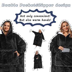 Oversized Wearable Blanket Hoodie for Women Men, Warm and Comfortable Sweatshirt Blanket, Super Cozy Flannel Blanket with Sleeves and Giant Pockets, One Size Fits All(Black)