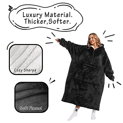 Oversized Wearable Blanket Hoodie for Women Men, Warm and Comfortable Sweatshirt Blanket, Super Cozy Flannel Blanket with Sleeves and Giant Pockets, One Size Fits All(Black)