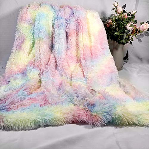 Plush Super Soft Blanket Colorful Bedding Sofa Cover Furry Fuzzy Fur Warm Throw Cozy Couch Blanket for Winter (51"x63", Rainbow)