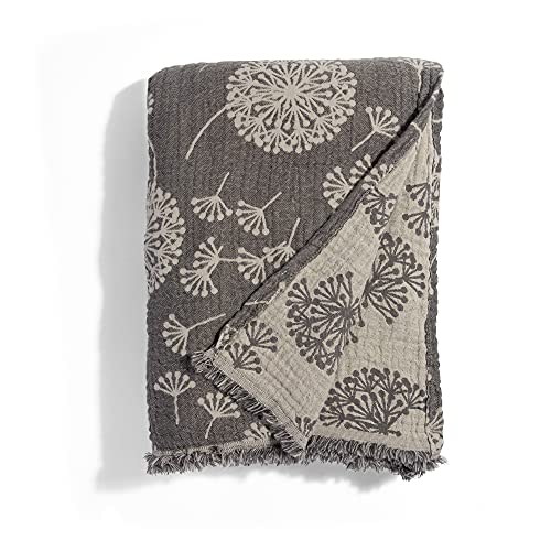 InfuseZen Turkish Blanket with Dandelion Flower Print – Muslin Weave Reversible Throw Blanket – 100% Cotton - Breathable, Thin and Lightweight Gauze Throw Blanket – Large 92” x 65” (Charcoal/Grey)