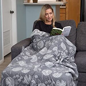 InfuseZen Turkish Blanket with Dandelion Flower Print – Muslin Weave Reversible Throw Blanket – 100% Cotton - Breathable, Thin and Lightweight Gauze Throw Blanket – Large 92” x 65” (Charcoal/Grey)