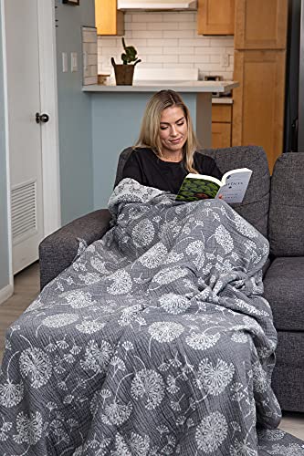 InfuseZen Turkish Blanket with Dandelion Flower Print – Muslin Weave Reversible Throw Blanket – 100% Cotton - Breathable, Thin and Lightweight Gauze Throw Blanket – Large 92” x 65” (Charcoal/Grey)