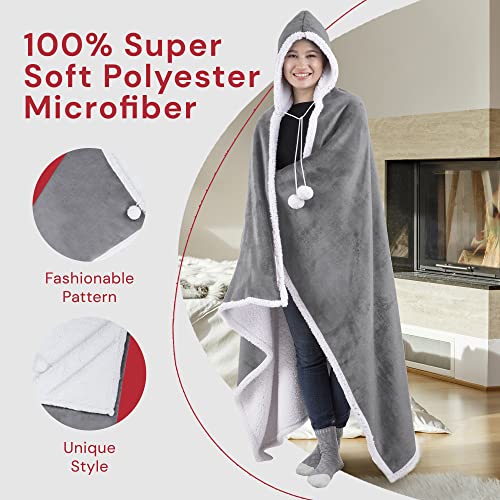 Premium Wearable Hooded Blanket for Adult Women and Men 71"x51" - Super Soft, Lightweight, Microplush, Cozy and Functional Throw Blanket (Silver)