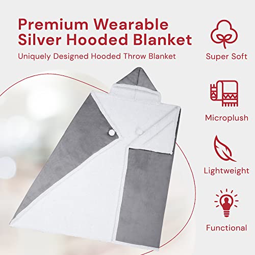 Premium Wearable Hooded Blanket for Adult Women and Men 71"x51" - Super Soft, Lightweight, Microplush, Cozy and Functional Throw Blanket (Silver)