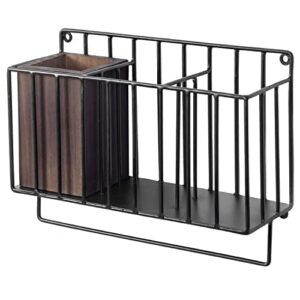 MyGift Wall Mounted Hair Styling Tools Holster Rack - Industrial Matte Black Metal Wire Hair Dryer Holder, 3 Compartments and Hand Towel Bar