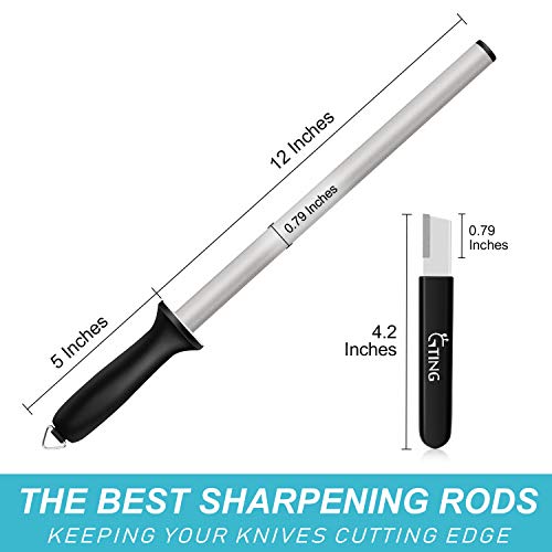 12 Inch Diamond Honing Steel, G-TING Professional Knife Sharpener Rod Kitchen Diamond Sharpening Rod Stick Tungsten Carbide Sharpener for Honing Knife Blades, Chef Knives, Pruning Shears, Garden Tools