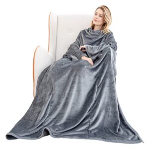 oigae wearable blanket with sleeves & foot pocket for women men adult, comfy fleece blanket with snap button extra soft tv wrap throw blanket for couch sofa home office, 79" x 67", grey