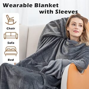 OIGAE Wearable Blanket with Sleeves & Foot Pocket for Women Men Adult, Comfy Fleece Blanket with Snap Button Extra Soft TV Wrap Throw Blanket for Couch Sofa Home Office, 79" x 67", Grey