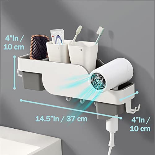 MORNITE Bathroom Shelves Wall Shower Caddy, Hair Dryer Holder Storage Organizer with Hooks for Care Styling Tool Toothbrush, White