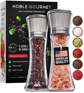 salt & pepper grinder set of 2 - refillable mills & shakers - for pink himalayan & sea salt, black peppercorn, spices - stainless steel, large glass - adjustable ceramic coarse - premium gift box pack