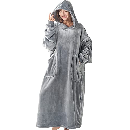 BEDELITE Fleece Wearable Blanket Hoodie with Sleeves and Pocket, Long Oversized Blanket for Women Men&Teen,plush size-Grey 53"x32"