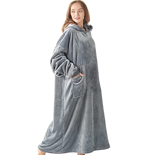 BEDELITE Fleece Wearable Blanket Hoodie with Sleeves and Pocket, Long Oversized Blanket for Women Men&Teen,plush size-Grey 53"x32"