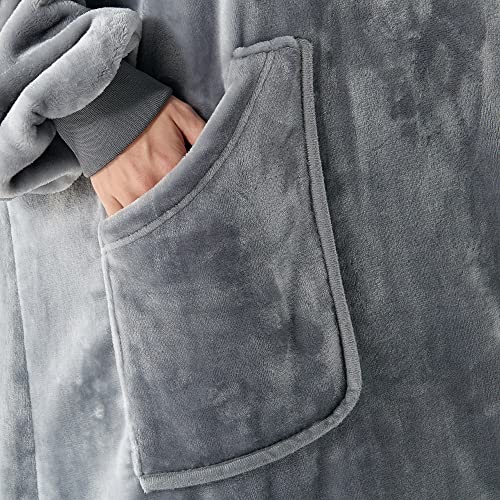 BEDELITE Fleece Wearable Blanket Hoodie with Sleeves and Pocket, Long Oversized Blanket for Women Men&Teen,plush size-Grey 53"x32"