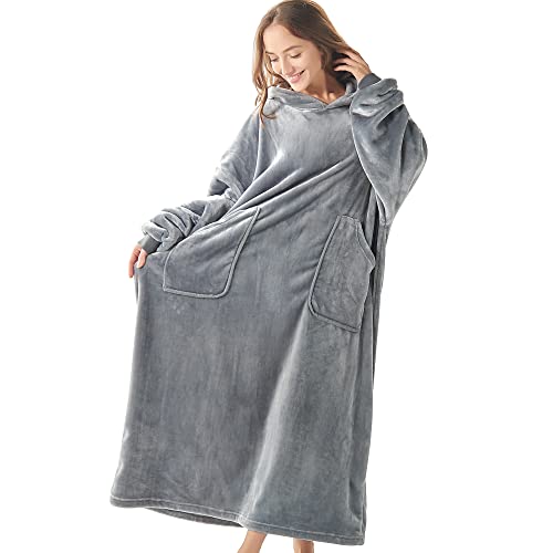 BEDELITE Fleece Wearable Blanket Hoodie with Sleeves and Pocket, Long Oversized Blanket for Women Men&Teen,plush size-Grey 53"x32"