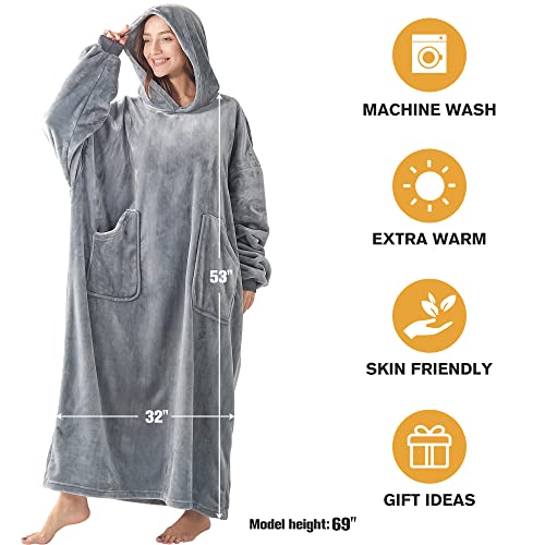 BEDELITE Fleece Wearable Blanket Hoodie with Sleeves and Pocket, Long Oversized Blanket for Women Men&Teen,plush size-Grey 53"x32"