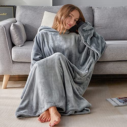 BEDELITE Fleece Wearable Blanket Hoodie with Sleeves and Pocket, Long Oversized Blanket for Women Men&Teen,plush size-Grey 53"x32"