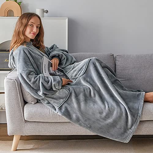 BEDELITE Fleece Wearable Blanket Hoodie with Sleeves and Pocket, Long Oversized Blanket for Women Men&Teen,plush size-Grey 53"x32"