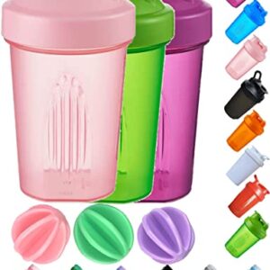 Shaker Bottle in Light Pink(Lid & Cup),Printed Scale Marks of 12 OZ & 400 ML,3 PCS 1.77" Non-Metal Blender Ball (Pink,Green,Purple),Anti-Leaking,BPA F