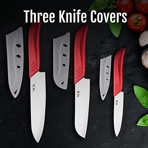 Vos Ceramic Knife Set, Ceramic Knives Set For Kitchen, Ceramic Kitchen Knives With Covers, Ceramic Paring Knife 4", 5", 6" Inch Red