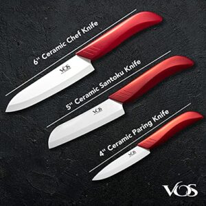 Vos Ceramic Knife Set, Ceramic Knives Set For Kitchen, Ceramic Kitchen Knives With Covers, Ceramic Paring Knife 4", 5", 6" Inch Red