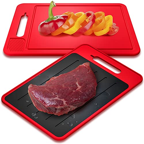 4-in-1 Defrosting Tray for Frozen Meat with Cutting Board, Knife Sharpener & Garlic Grater - Self Thawing Tray & Non-Slip Red Chopping Boards by EliKai