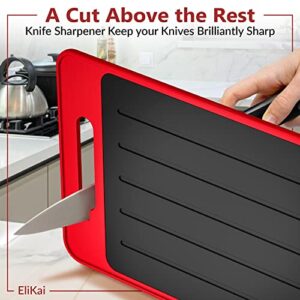 4-in-1 Defrosting Tray for Frozen Meat with Cutting Board, Knife Sharpener & Garlic Grater - Self Thawing Tray & Non-Slip Red Chopping Boards by EliKai