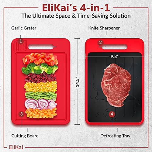 4-in-1 Defrosting Tray for Frozen Meat with Cutting Board, Knife Sharpener & Garlic Grater - Self Thawing Tray & Non-Slip Red Chopping Boards by EliKai