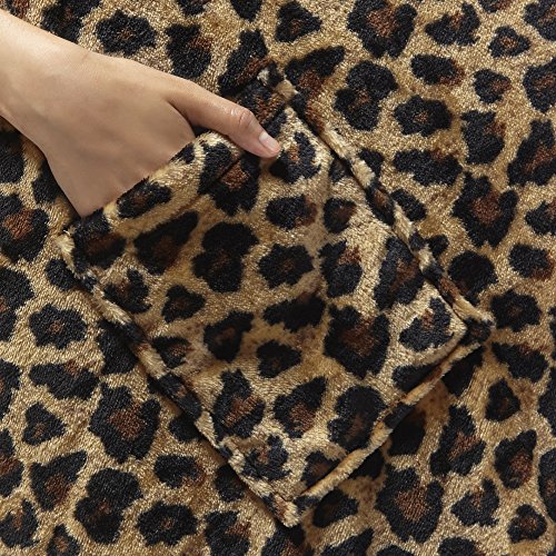 Comfort Spaces Glimmersoft Plush To Sherpa Pocket Hooded Angel Wrap Ultra Soft Wearable Poncho Blanket Throw, 58"x72", Leopard