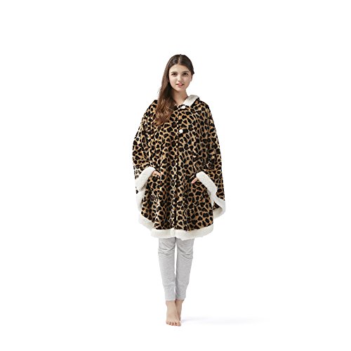 Comfort Spaces Glimmersoft Plush To Sherpa Pocket Hooded Angel Wrap Ultra Soft Wearable Poncho Blanket Throw, 58"x72", Leopard