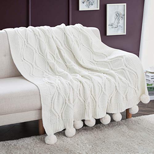 Revdomfly Chenille Knitted Throw Blanket with Pom Poms, Fuzzy & Fluffy Couch Cover Decorative Knit Blanket for Sofa Bed, 51.2" x 63", White