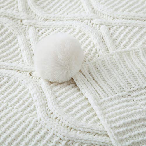 Revdomfly Chenille Knitted Throw Blanket with Pom Poms, Fuzzy & Fluffy Couch Cover Decorative Knit Blanket for Sofa Bed, 51.2" x 63", White