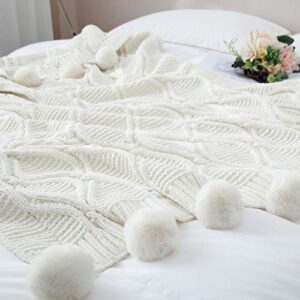 Revdomfly Chenille Knitted Throw Blanket with Pom Poms, Fuzzy & Fluffy Couch Cover Decorative Knit Blanket for Sofa Bed, 51.2" x 63", White