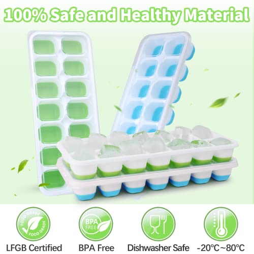 Silicone Ice Cube Tray, 4 Pack Easy-Release & Flexible 14-Ice Cube Trays with Spill-Resistant Removable Lid, Stackable Ice Trays with Covers for Freezer, Cocktail (Green)