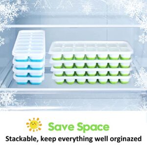 Silicone Ice Cube Tray, 4 Pack Easy-Release & Flexible 14-Ice Cube Trays with Spill-Resistant Removable Lid, Stackable Ice Trays with Covers for Freezer, Cocktail (Green)