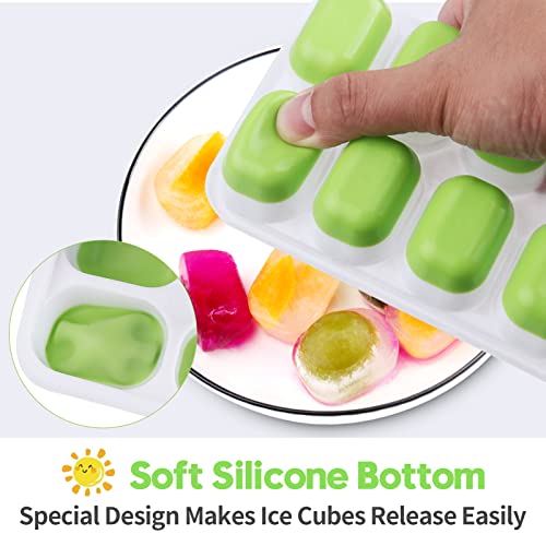 Silicone Ice Cube Tray, 4 Pack Easy-Release & Flexible 14-Ice Cube Trays with Spill-Resistant Removable Lid, Stackable Ice Trays with Covers for Freezer, Cocktail (Green)