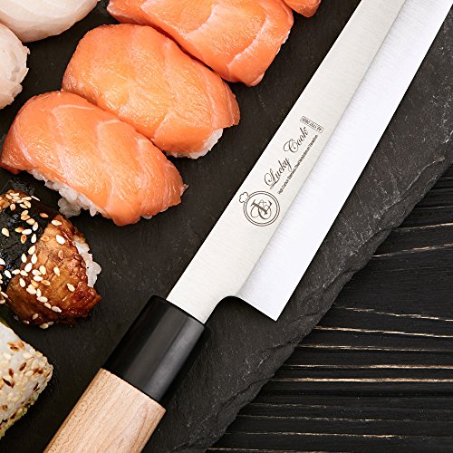 Lucky Cook Sashimi Sushi Knife 10 Inch - Perfect Knife For Cutting Sushi & Sashimi, Fish Filleting & Slicing - Very Sharp Stainless Steel Blade & Traditional Wooden Handle + Gift Box