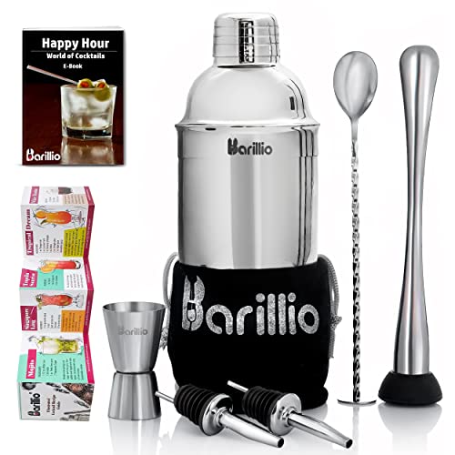 barillio Elite Cocktail Shaker Set Bartender Kit 24 oz Stainless Steel Martini Mixer, Muddler, Mixing Spoon, Jigger, 2 Liquor pourers, Velvet Bag, Recipes Booklet & eBook