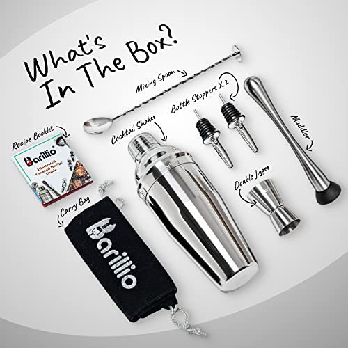 barillio Elite Cocktail Shaker Set Bartender Kit 24 oz Stainless Steel Martini Mixer, Muddler, Mixing Spoon, Jigger, 2 Liquor pourers, Velvet Bag, Recipes Booklet & eBook