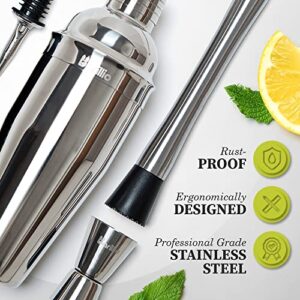 barillio Elite Cocktail Shaker Set Bartender Kit 24 oz Stainless Steel Martini Mixer, Muddler, Mixing Spoon, Jigger, 2 Liquor pourers, Velvet Bag, Recipes Booklet & eBook