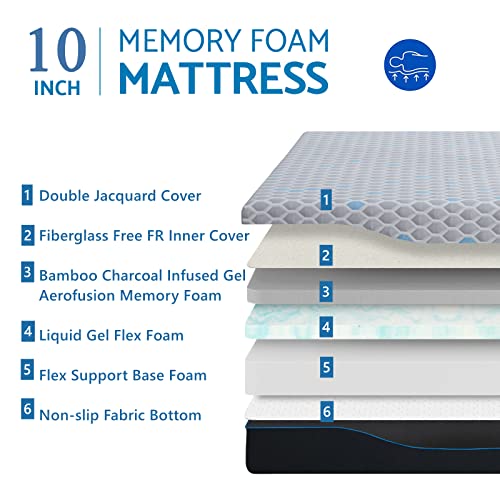 LIFERECORD 10 Inch Twin Size Mattress, Medium Feel Memory Foam Mattress, Gel Bamboo Charcoal Memory Foam Mattresses Regulates Temperature, Made in USA, Mattress in A Box, CertiPUR-US,SFT-10T