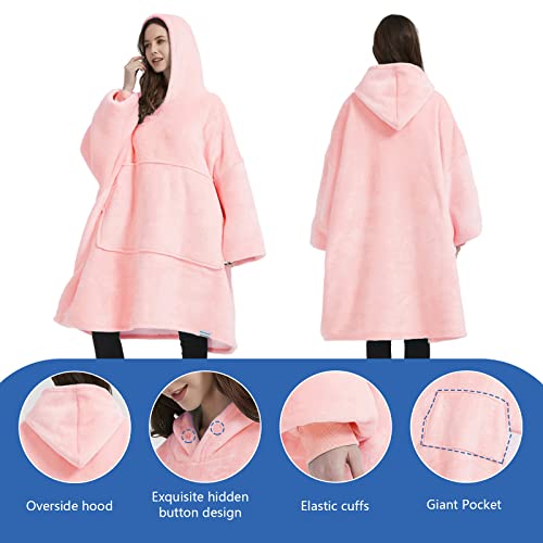 Huloo Sleep Wearable Blanket Hoodie for Women Men,Oversized Adult Cozy Warm Sherpa Fleece Hooded Sweatshirt,One Size Fits All,Pink