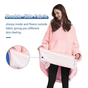 Huloo Sleep Wearable Blanket Hoodie for Women Men,Oversized Adult Cozy Warm Sherpa Fleece Hooded Sweatshirt,One Size Fits All,Pink