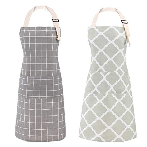 Tosewever 2 Pieces Cotton Linen Waterproof Bib Kitchen Apron with Pockets - Long Ties Adjustable Neck Strap - Unisex BBQ Cooking Drawing Crafting Aprons for Women Chef (Grey/Green, 2)