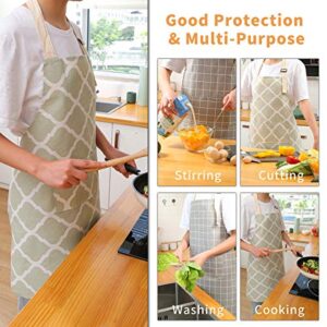 Tosewever 2 Pieces Cotton Linen Waterproof Bib Kitchen Apron with Pockets - Long Ties Adjustable Neck Strap - Unisex BBQ Cooking Drawing Crafting Aprons for Women Chef (Grey/Green, 2)